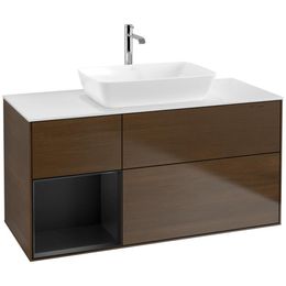 Villeroy & Boch Villeroy und Boch Finion Waschtischunterschrank F821PDGN 120cm, Abdeckplatte white matt, Regale Black matt lacquer, Walnut veneer