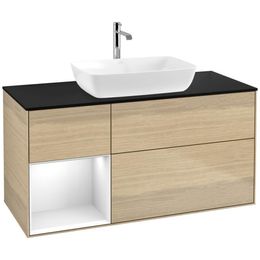 Villeroy & Boch Villeroy und Boch Finion Waschtischunterschrank F822GFPC 120cm, Abdeckplatte black matt, Regale Glossy white lacquer, Oak Veneer