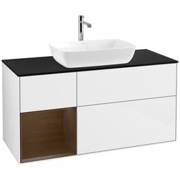 Villeroy & Boch Villeroy und Boch Finion Waschtischunterschrank F822GNGF 120cm, Abdeckplatte black matt, Regale Walnut Veneer, Glossy white lacquer