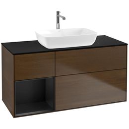 Villeroy & Boch Villeroy und Boch Finion Waschtischunterschrank F822PDGN 120cm, Abdeckplatte black matt, Regale Black matt lacquer, Walnut veneer