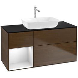Villeroy & Boch Villeroy und Boch Finion Waschtischunterschrank F822MTGN 120cm, Abdeckplatte black matt, Regale White matt lacquer, Walnut veneer