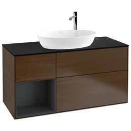 Villeroy & Boch Villeroy und Boch Finion Waschtischunterschrank F942HGGN 120cm, Abdeckplatte black matt, Regale Midnight matt lacquer, Walnut veneer