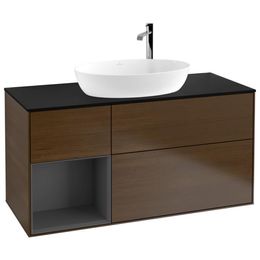 Villeroy & Boch Villeroy und Boch Finion Waschtischunterschrank F942GKGN 120cm, Abdeckplatte black matt, Regale Anthracite matt lacquer, Walnut veneer