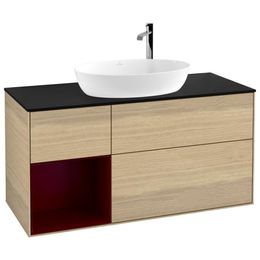 Villeroy & Boch Villeroy und Boch Finion Waschtischunterschrank F942HBPC 120cm, Abdeckplatte black matt, Regale Peony matt lacquer, Oak Veneer
