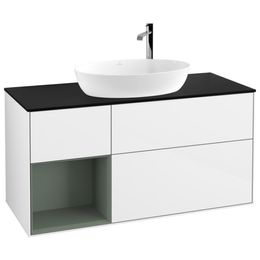 Villeroy & Boch Villeroy und Boch Finion Waschtischunterschrank F942GMGF 120cm, Abdeckplatte black matt, Regale Olive matt lacquer, Glossy white lacquer
