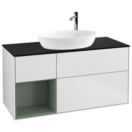 Villeroy & Boch Villeroy und Boch Finion Waschtischunterschrank F942GMMT 120cm, Abdeckplatte black matt, Regale Olive matt lacquer, White matt lacquer
