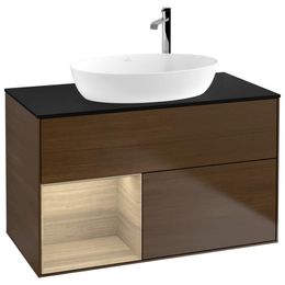 Villeroy & Boch Villeroy und Boch Finion Waschtischunterschrank F892PCGN 100cm, Abdeckplatte black matt, Regale Oak Veneer, Walnut veneer
