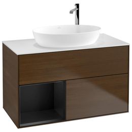 Villeroy & Boch Villeroy und Boch Finion Waschtischunterschrank G891PDGN 100cm, Abdeckplatte white matt, Emotion, Regale Black matt lacquer, Walnut veneer