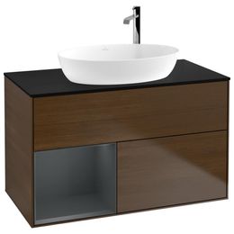 Villeroy & Boch Villeroy und Boch Finion Waschtischunterschrank G892HGGN 100cm, Abdeckplatte black matt, Emotion, Regale Midnight matt lacquer, Walnut veneer