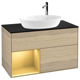 Villeroy & Boch Villeroy und Boch Finion Waschtischunterschrank G892HFPC 100cm, Abdeckplatte black matt, Emotion, Regale Gold matt lacquer, Oak Veneer