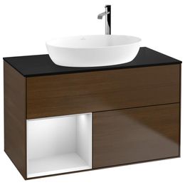 Villeroy & Boch Villeroy und Boch Finion Waschtischunterschrank G892MTGN 100cm, Abdeckplatte black matt, Emotion, Regale White matt lacquer, Walnut veneer
