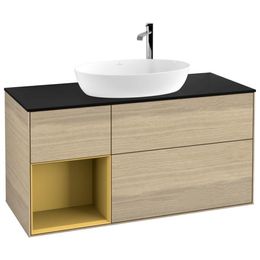 Villeroy & Boch Villeroy und Boch Finion Waschtischunterschrank G942HFPC 120cm, Abdeckplatte black matt, Emotion, Regale Gold matt lacquer, Oak Veneer