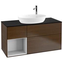 Villeroy & Boch Villeroy und Boch Finion Waschtischunterschrank G942MTGN 120cm, Abdeckplatte black matt, Emotion, Regale White matt lacquer, Walnut veneer