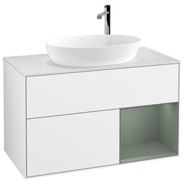 Villeroy & Boch Villeroy und Boch Finion Waschtischunterschrank G901GMGF 100cm, Abdeckplatte white matt, Emotion, Regale Olive matt lacquer, Glossy white lacquer