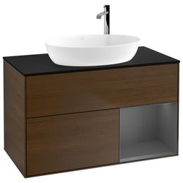 Villeroy & Boch Villeroy und Boch Finion Waschtischunterschrank F902GKGN 100cm, Abdeckplatte black matt, Regale Anthracite matt lacquer, Walnut veneer
