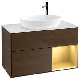 Villeroy & Boch Villeroy und Boch Finion Waschtischunterschrank G901HFGN 100cm, Abdeckplatte white matt, Emotion, Regale Gold matt lacquer, Walnut veneer