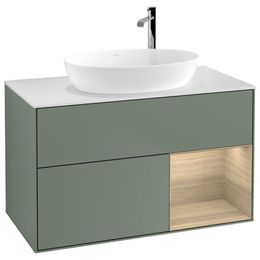 Villeroy & Boch Villeroy und Boch Finion Waschtischunterschrank G901PCGM 100cm, Abdeckplatte white matt, Emotion, Regale Oak Veneer, Olive Matt Lacquer