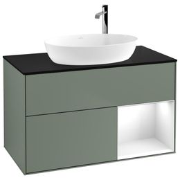 Villeroy & Boch Villeroy und Boch Finion Waschtischunterschrank F902GFGM 100cm, Abdeckplatte black matt, Regale Glossy white lacquer, Olive Matt Lacquer