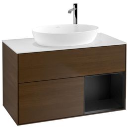 Villeroy & Boch Villeroy und Boch Finion Waschtischunterschrank G901PDGN 100cm, Abdeckplatte white matt, Emotion, Regale Black matt lacquer, Walnut veneer
