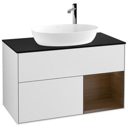 Villeroy & Boch Villeroy und Boch Finion Waschtischunterschrank F902GNMT 100cm, Abdeckplatte black matt, Regale Walnut Veneer, White matt lacquer