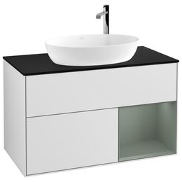 Villeroy & Boch Villeroy und Boch Finion Waschtischunterschrank F902GMMT 100cm, Abdeckplatte black matt, Regale Olive matt lacquer, White matt lacquer