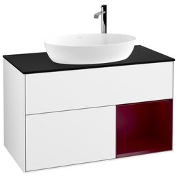 Villeroy & Boch Villeroy und Boch Finion Waschtischunterschrank F902HBGF 100cm, Abdeckplatte black matt, Regale Peony matt lacquer, Glossy white lacquer