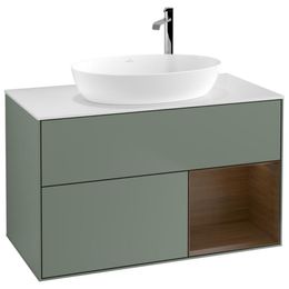 Villeroy & Boch Villeroy und Boch Finion Waschtischunterschrank F901GNGM 100cm, Abdeckplatte white matt, Regale Walnut Veneer, Olive Matt Lacquer