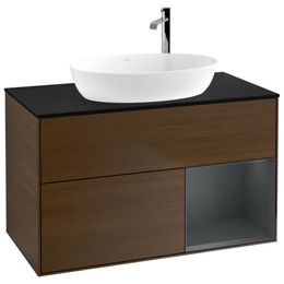 Villeroy & Boch Villeroy und Boch Finion Waschtischunterschrank F902HGGN 100cm, Abdeckplatte black matt, Regale Midnight matt lacquer, Walnut veneer