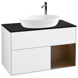 Villeroy & Boch Villeroy und Boch Finion Waschtischunterschrank G902GNGF 100cm, Abdeckplatte black matt, Emotion, Regale Walnut Veneer, Glossy white lacquer