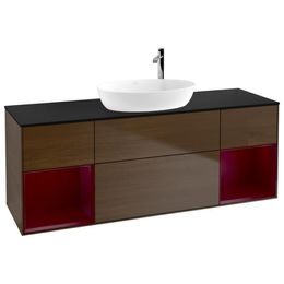 Villeroy & Boch Villeroy und Boch Finion Waschtischunterschrank F982HBGN 160cm, Abdeckplatte black matt, Regale Peony matt lacquer, Walnut veneer