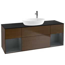 Villeroy & Boch Villeroy und Boch Finion Waschtischunterschrank F982HGGN 160cm, Abdeckplatte black matt, Regale Midnight matt lacquer, Walnut veneer