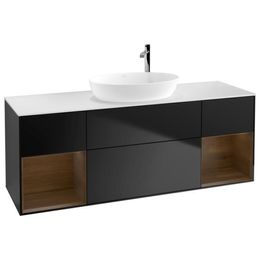 Villeroy & Boch Villeroy und Boch Finion Waschtischunterschrank F981GNPD 160cm, Abdeckplatte white matt, Regale Walnut Veneer, Black matt lacquer