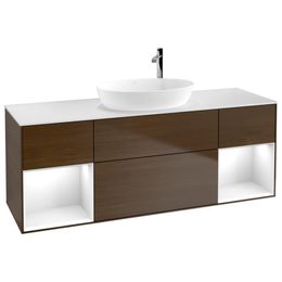 Villeroy & Boch Villeroy und Boch Finion Waschtischunterschrank F981GFGN 160cm, Abdeckplatte white matt, Regale Glossy white lacquer, Walnut veneer