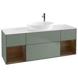 Villeroy & Boch Villeroy und Boch Finion Waschtischunterschrank F981GNGM 160cm, Abdeckplatte white matt, Regale Walnut Veneer, Olive Matt Lacquer