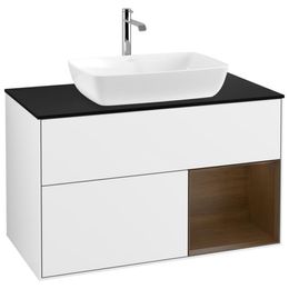 Villeroy & Boch Villeroy und Boch Finion Waschtischunterschrank G782GNGF 100cm, Abdeckplatte black matt, Emotion, Regale Walnut Veneer, Glossy white lacquer