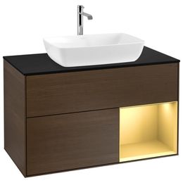Villeroy & Boch Villeroy und Boch Finion Waschtischunterschrank G782HFGN 100cm, Abdeckplatte black matt, Emotion, Regale Gold matt lacquer, Walnut veneer