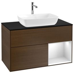 Villeroy & Boch Villeroy und Boch Finion Waschtischunterschrank G782MTGN 100cm, Abdeckplatte black matt, Emotion, Regale White matt lacquer, Walnut veneer