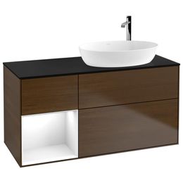 Villeroy & Boch Villeroy und Boch Finion Waschtischunterschrank F922GFGN 120cm, Abdeckplatte black matt, Regale Glossy white lacquer, Walnut veneer