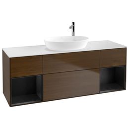 Villeroy & Boch Villeroy und Boch Finion Waschtischunterschrank G981PDGN 160cm, Abdeckplatte white matt, Emotion, Regale Black matt lacquer, Walnut veneer