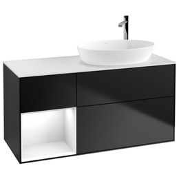 Villeroy & Boch Villeroy und Boch Finion Waschtischunterschrank F921GFPD 120cm, Abdeckplatte white matt, Regale Glossy white lacquer, Black matt lacquer