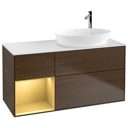Villeroy & Boch Villeroy und Boch Finion Waschtischunterschrank F921HFGN 120cm, Abdeckplatte white matt, Regale Gold matt lacquer, Walnut veneer