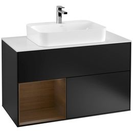 Villeroy & Boch Villeroy und Boch Finion Waschtischunterschrank G361GNPD 100cm, Abdeckplatte white matt, Emotion, Regal links Walnut veneer, Black matt lacquer