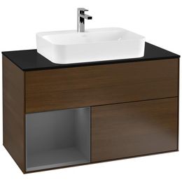 Villeroy & Boch Villeroy und Boch Finion Waschtischunterschrank F362GKGN 100cm, Abdeckplatte black matt, Regal links Anthracite matt, Walnut veneer
