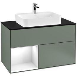 Villeroy & Boch Villeroy und Boch Finion Waschtischunterschrank F362GFGM 100cm, Abdeckplatte black matt, Regal links Glossy white lacquer, Olive Matt Lacquer