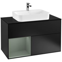 Villeroy & Boch Villeroy und Boch Finion Waschtischunterschrank F362GMPD 100cm, Abdeckplatte black matt, Regal links Olive Matt Lacquer, Black matt lacquer