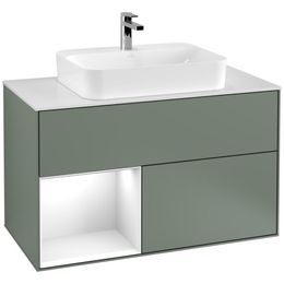 Villeroy & Boch Villeroy und Boch Finion Waschtischunterschrank F361GFGM 100cm, Abdeckplatte white matt, Regal links Glossy white lacquer, Olive Matt Lacquer