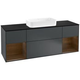 Villeroy & Boch Villeroy und Boch Finion Waschtischunterschrank G332GNHG 160cm, Abdeckplatte black matt, Emotion, Regale Walnut veneer, Midnight Blue Matt Lacquer