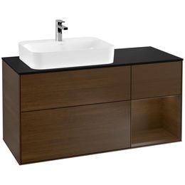 Villeroy & Boch Villeroy und Boch Finion Waschtischunterschrank F402GNGN 120cm, Abdeckplatte black matt, Regal rechts Walnut veneer, Walnut veneer