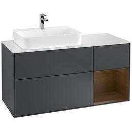 Villeroy & Boch Villeroy und Boch Finion Waschtischunterschrank F401GNHG 120cm, Abdeckplatte white matt, Regal rechts Walnut veneer, Midnight Blue Matt Lacquer