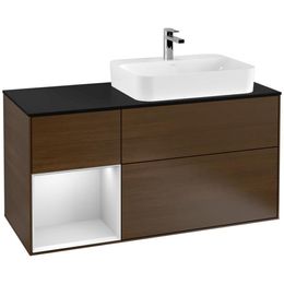 Villeroy & Boch Villeroy und Boch Finion Waschtischunterschrank F392MTGN 120cm, Abdeckplatte black matt, Regal links White matt lacquer, Walnut veneer